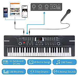 Hricane Piano Keyboard, 61 Keys Beginner Electronic Keyboard Portable Digital Music Keyboard, Early Education Music Instrument with Microphone & Music Sheet Stand