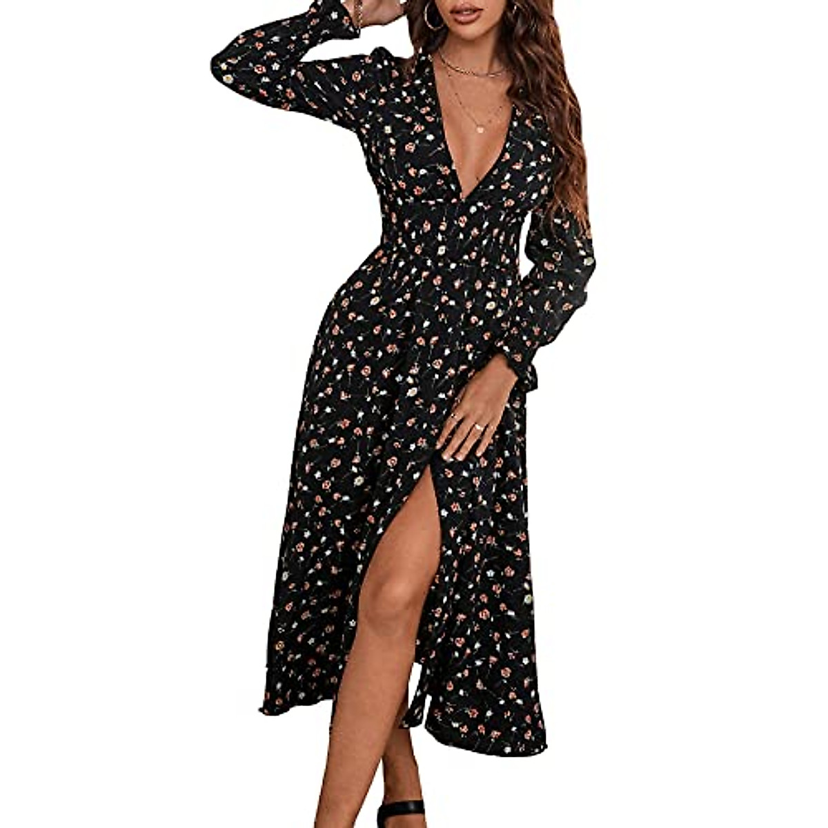 SweatyRocks Women's Deep V Neck Long Sleeve Floral Dress Boho Split A Line Long Dresses Black XL