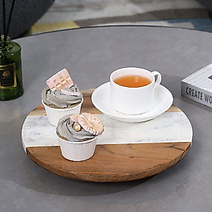 MyGift 11 Inch Deluxe Acacia Wood with White Marble Accent Lazy Susan Serving Tray - 360 Degree Rotating Spice and Condiment Display Turntable - Handcrafted in India