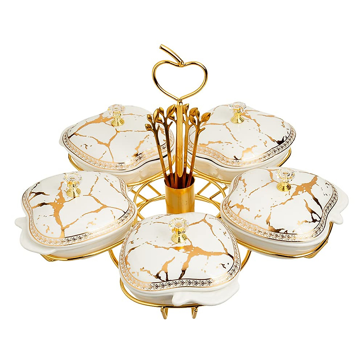 PASIGRO Ceramic Condiment Serving Tray,Rotating Snack Tray,Candy and Nut Porcelain Divided Serving Platter,Veggie Snack Containers,Ceramic Food Storage with Golden Iron Frame (White)