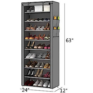 PENGKE 9-Shelf Shoe Organizer with Dust Cover - Closet shelf for up to 27 pairs of shoes - Designed for doorways, hallways, balconies, living rooms - Gray