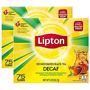 Lipton Decaffeinated Black Tea Bags, Can Support Heart Health, 75 Count (Pack of 2)