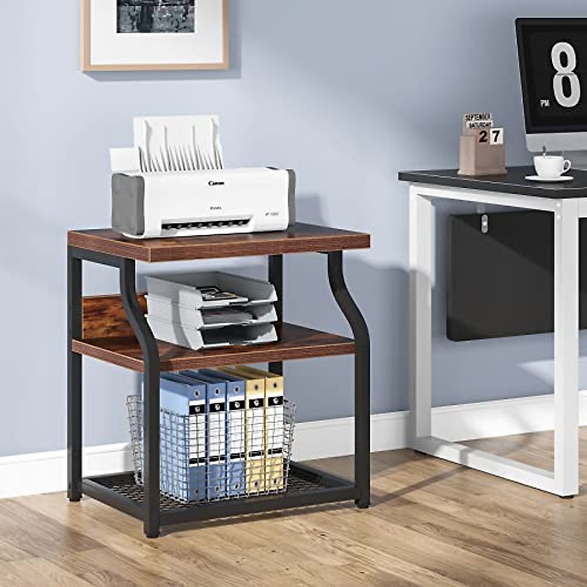Tribesigns Printer Stand with Storage ,3-Shelf Home Printer Cart , Desk Organizer Pinter Table Under Desk , Rustic Machine Stand Small Bookshelf for Home Office (Rustic)