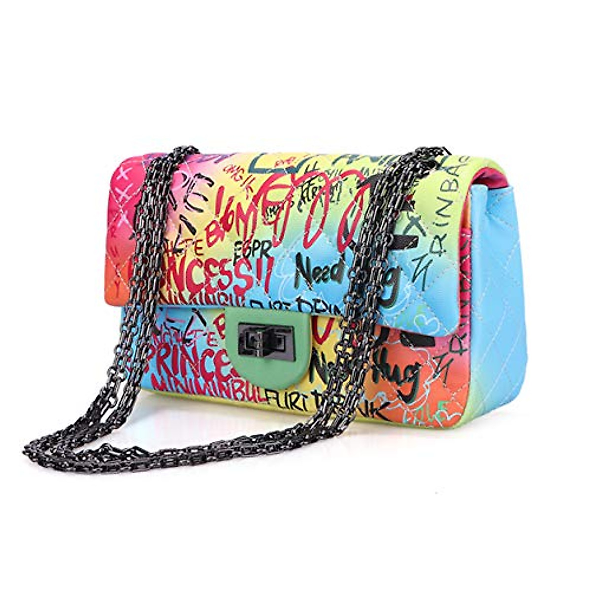 Wxnow Small Crossbody Bags for Women & Girls Handbags Satchels for Teen Girls Shoulder Bags Purses for Ladies with Chain Strap Yellow Graffiti