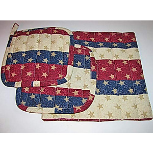 Stars & Stripes Patriotic Tea Towels (Set of 2) Made In USA 28" x 18" Patriotic Red Off-White Blue w/Glitter and Stars 100% Cotton