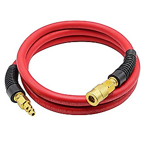 YOTOO Rubber Lead-in Air Hose 3/8-Inch by 6-Feet 300 PSI Heavy Duty, Kink Resistant, All-Weather Flexibility with 1/4-Inch Brass Male Fittings, Bend Restrictors, Red
