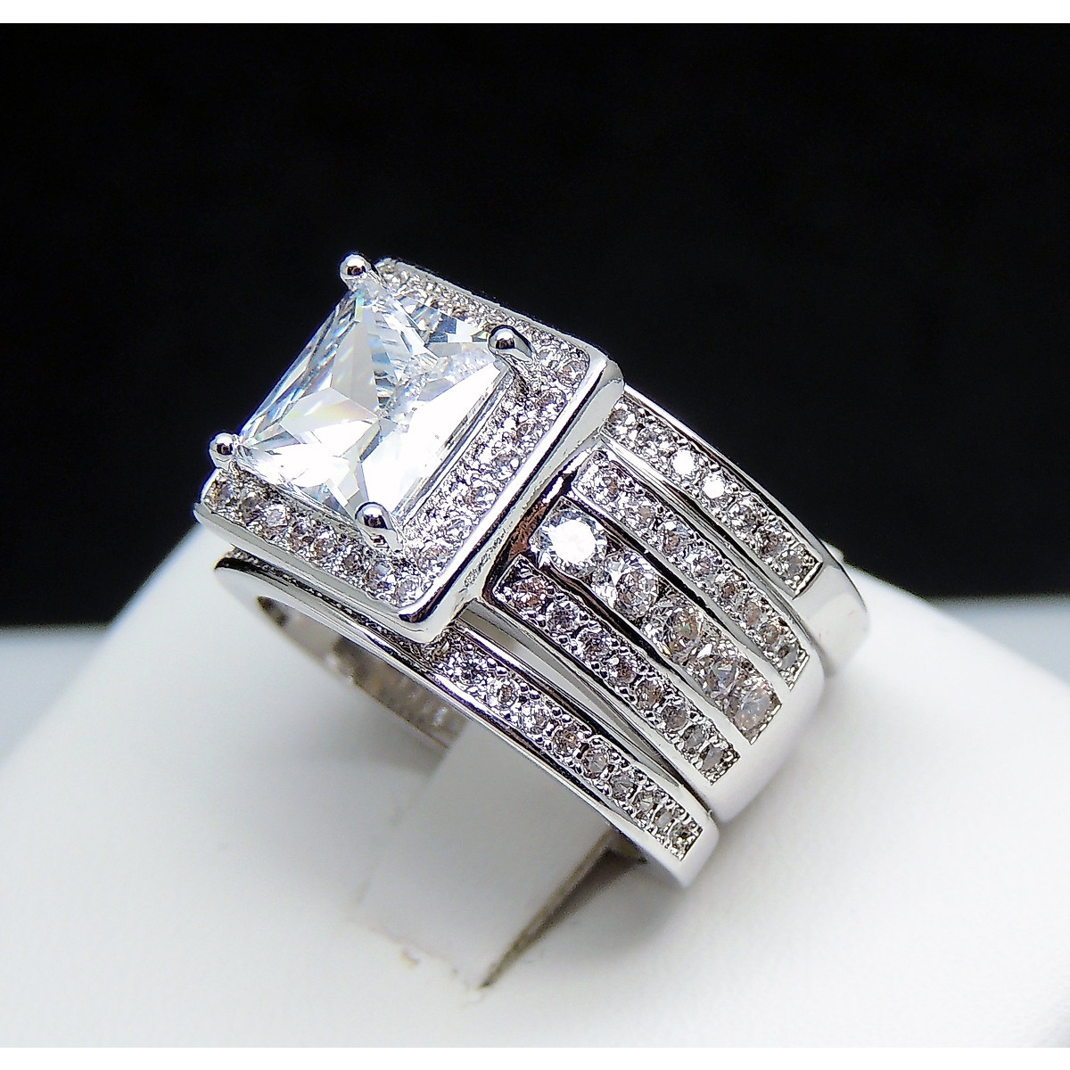 Beverly Bridal Wedding Ring Set For Women 3 Piece Large Engagement Ring Two Matching Anniversary Bands Square Halo Design White Gold Plated Cubic Zirconia Princess Cut Center Stone