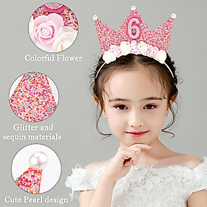 SuPoo Birthday Decorations for Girls - 6th Birthday Headband Crown, Glitter Hair Band, Flower Princess Tiara Hair Accessory for Party
