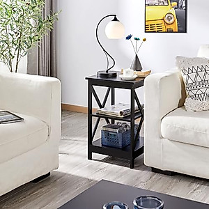Yaheetech Black End Table Set of 2, 16x16x24 in Sturdy 3-Tier Side Tables with Storage Shelf & Solid Wood Legs, 2Pcs X-Design Modern Sofa Side Table for Living Room Office, Easy Assembly
