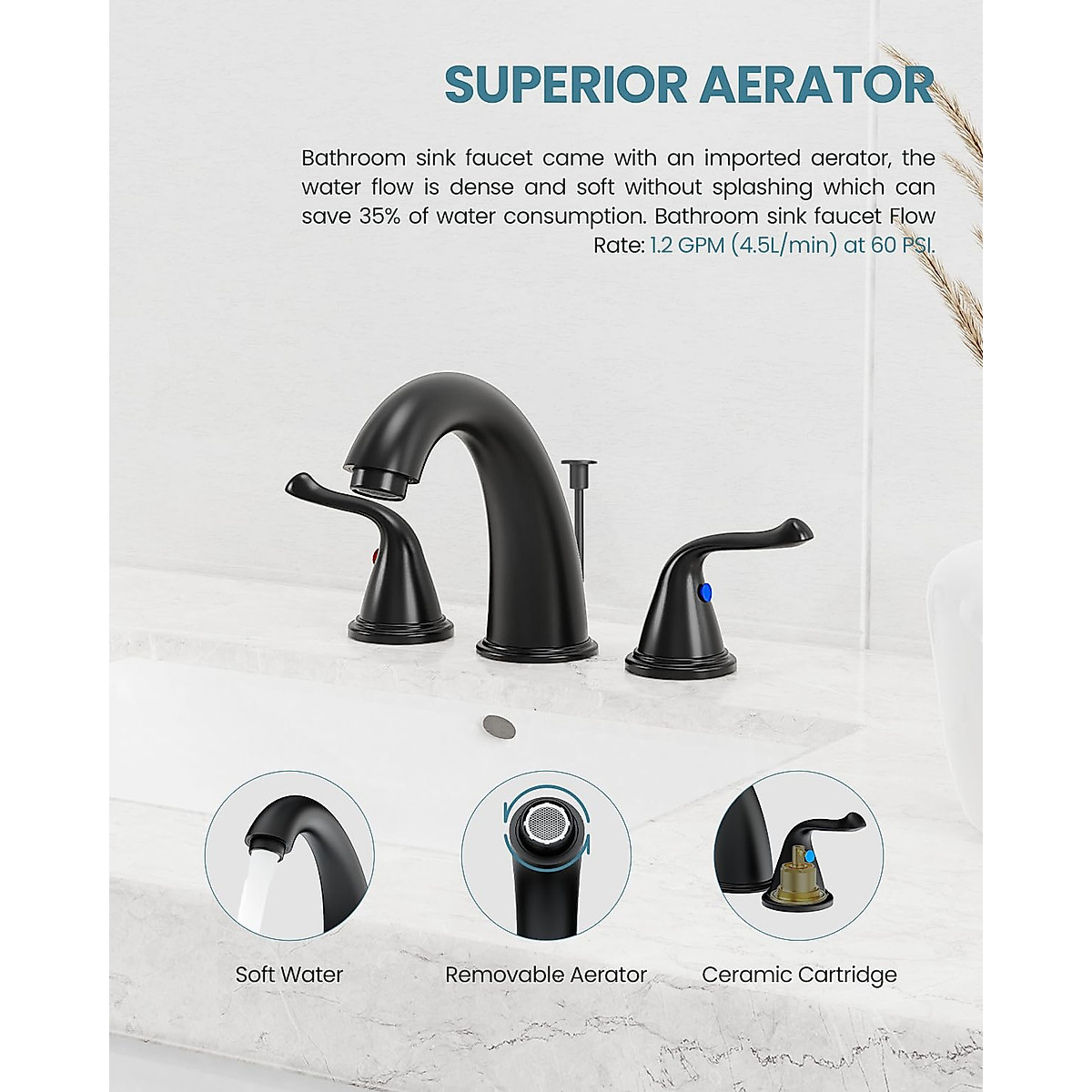 Black Bathroom Faucets, Faucet for Bathroom Sink - 2 Handle Basin Faucet, 3 Hole 8 Inch Widerspread Bathroom Faucet with Lift Rod Drain Assembly, Water Supply Lines Faucets for RV Bath Vanity