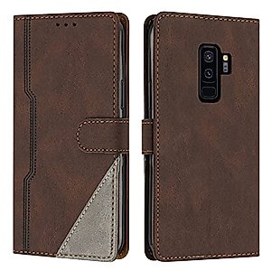 XBS-Better Case for Samsung Galaxy S9 Plus/S9+, Business Splicing Leather Magnetic Credit Card Holder Kickstand Wallet Cover Case for Samsung Galaxy S9 Plus/S9+-Brown