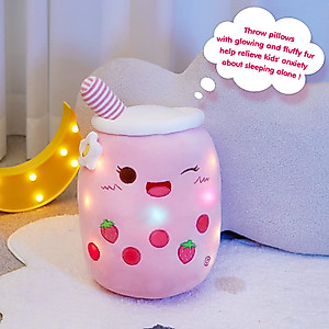 Athoinsu Light Up Strawberry Milky Tea Plush Pillow 15'' Kawaii Stuffed Bubble Animal Toy with LED Lights Birthday Christmas Holiday Valentines Gifts for Kids,Girls,Boys