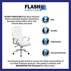 Flash Furniture Rebecca High Back Designer White LeatherSoft Smooth Upholstered Executive Swivel Office Chair with Chrome Base and Arms