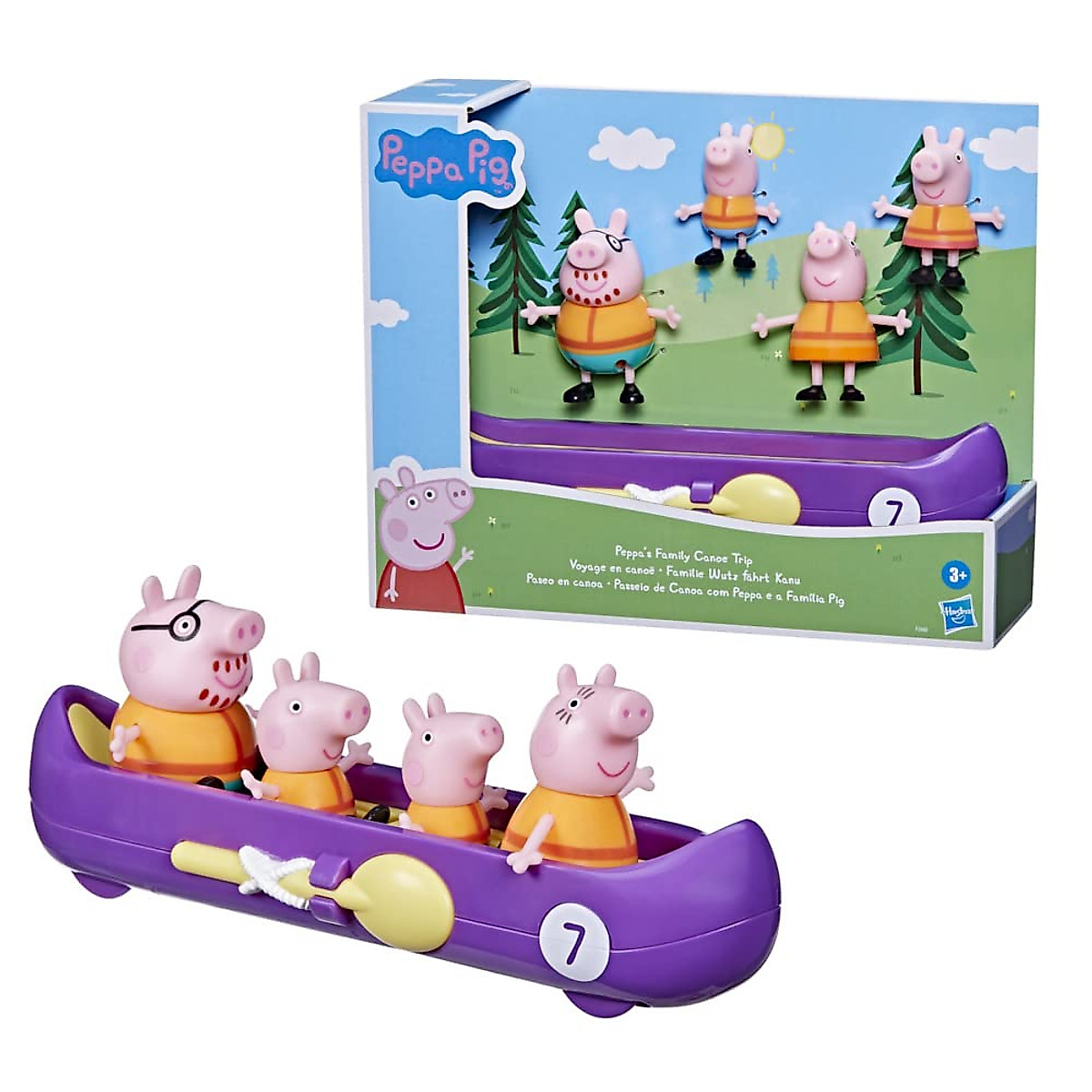 Peppa Pig Peppa’s Family Canoe Trip Preschool Toy: Includes 4 Figures, 1 Vehicle with Rolling Wheels; for Ages 3 and Up, Multicolor