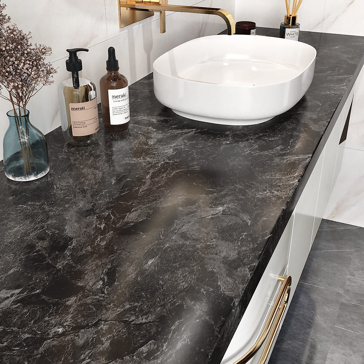 Black Marble Contact Paper Peel and Stick Countertops 15.8" x 78.7" Decorative Wallpaper Waterproof Marble Contact Paper for Countertops Removable Wall Paper Black Vinyl Film for Cabinets Liner