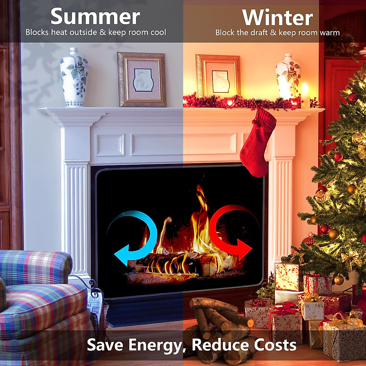 Magnetic Fireplace Cover for Inside Fireplace Stops Heat Loss, Fireplace Blanket Draft Stopper for Winter & Summer, Hot & Cold Air Blocker, Flame, 38”W X 31”H Insulated Fireplace Draft Cover