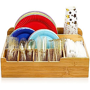 Frcctre Bamboo Utensil Caddy Organizer for Countertop, 8 Compartment Paper Plate Holder, Adjustable Utensil Holder Silverware Organizer Cutlery Organizer Box for Plate, Cup, Fork, Spoon, Napkin