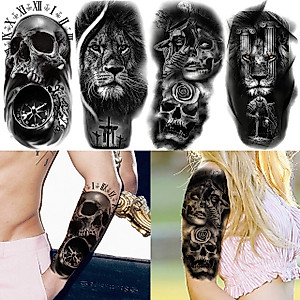 FANRUI 22 Sheets Realistic Black Animals Temporary Tattoos For Women Men Half Arm Sleeve, 3D Large Tribal Tiger Lion Death Skull Fake Tattoo Stickers Halloween, Flower Compass Wolf Owl Tatoos Anchor