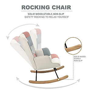 KGOPK Accent Rocking Chair, Mid Century Fabric Rocker Recliner Chairs with Wood Legs and Patchwork Linen for Livingroom Bedroom, Pink