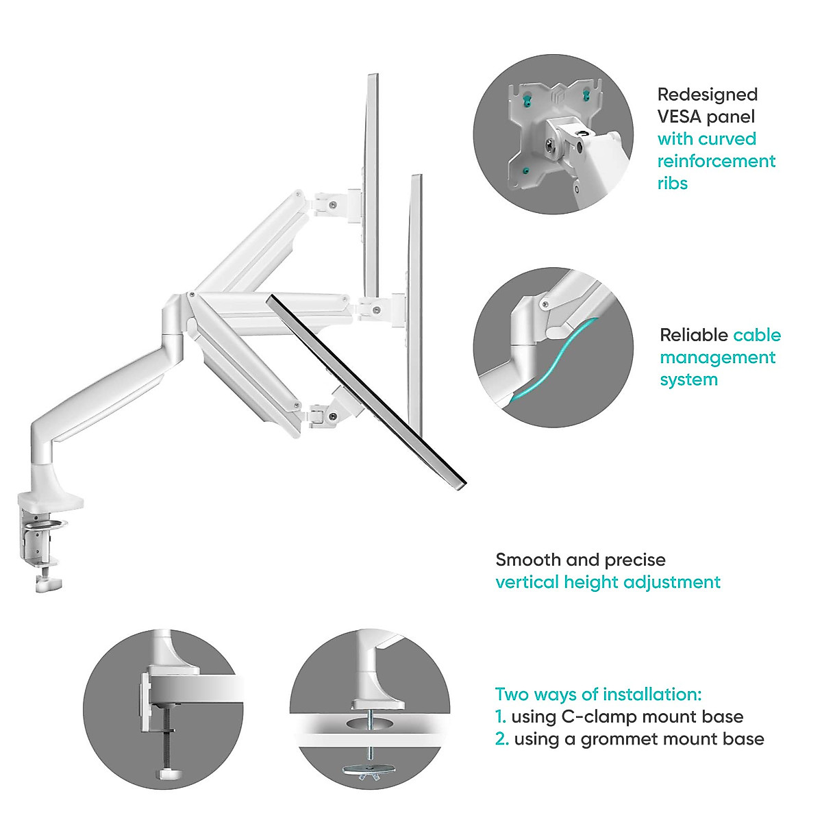 ONKRON Double Monitor Arm for Two 13-32 Inch Screens up to 19 lbs Each, Gas Spring Dual Monitor Arm Desk Mount 75x75 & 100x100 VESA - Dual Computer Monitor Mount for Desk Swivel Tilt Rotation White
