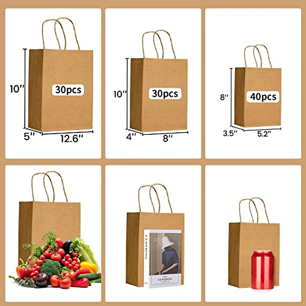 100pcs Brown Kraft Paper Bags with Handles Mixed Size Gift Bags Bulk,Craft Grocery Shopping Retail Birthday Party Favors Wedding Sacks Restaurant Takeout, Business