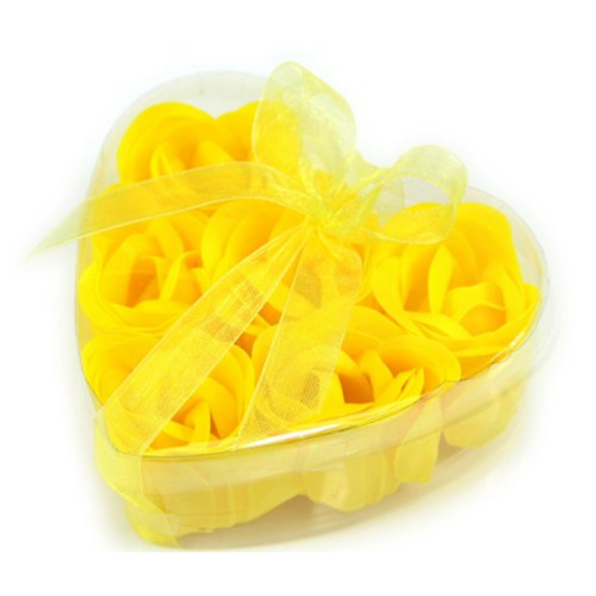 Domire Elegant Rose Petal Soap Flowers in a Clear Heart-shaped Container / 6 Yellow Rose Soaps Per Box