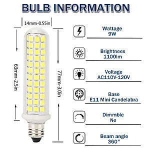 PIPIZHU E11 LED Light Bulb, E11 Mini Candelabra Base 100W Halogen Bulb Replacement, Non-dimmble 9W 1100lm AC110V-120V E11 Light Bulb for Indoor Lighting White 6000k (2 Pack)