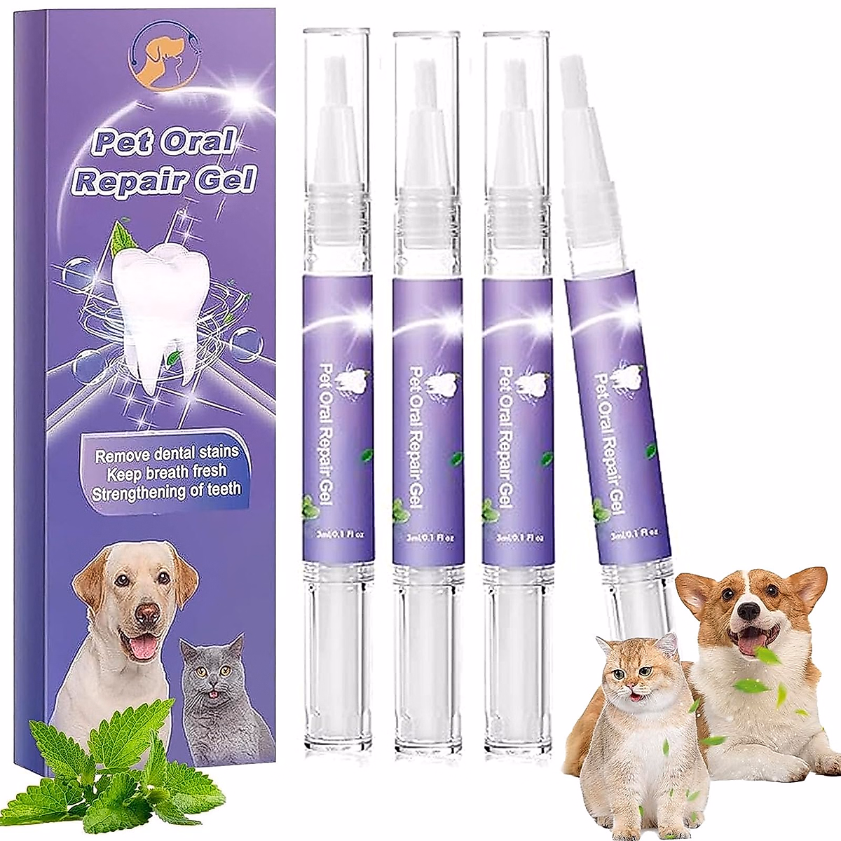 Pet Oral Repair Gel, Pet Oral Restoration Whitening Gel, Pet Breath Freshener Gel Care Cleaner, Eliminate Bad Breath, Targets Tartar, Teeth Whitening, Keep Your Pet Oral Healthy (4 pcs)