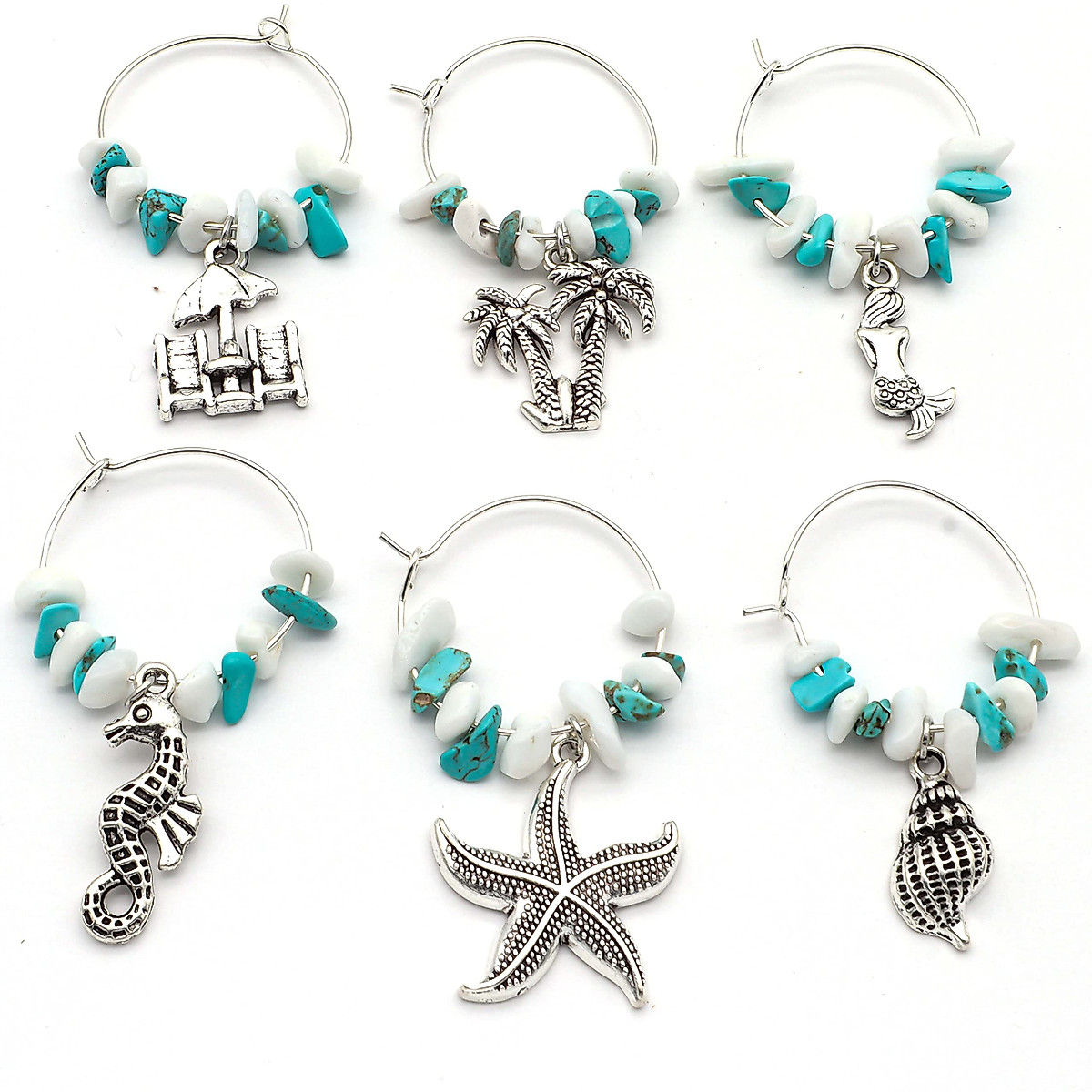 Beach Wine Glass Charms - Coastal Seashell Starfish Palm Tree Mermaid Nautical Summer Ocean Tropical Party Décor