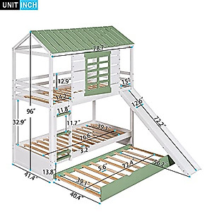 BIADNBZ Wooden Twin Over Twin House Bunk Bed with Convertible Slide and Ladder, Versatile Playhouse BunkBed Frame w/Trundle&Roof&Window for Kids Boys Girls Bedroom, White+Green