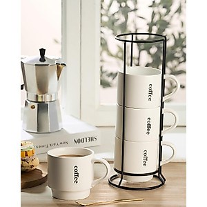 LAUCHUH Coffee Mugs Set of 4, 15 Ounce Stackable Coffee Mugs with Rack Latte Cup Porcelain Mugs for Coffee, Tea, Hot Cocoa, Milk, Dishwasher & Microwave Safe for Christmas, White