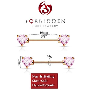 Forbidden Body Jewelry Pair of Surgical Steel 5/8 Inch Cubic Zirconia Crystal Double Heart Nipple Barbells, Pink (Rose Gold Tone)