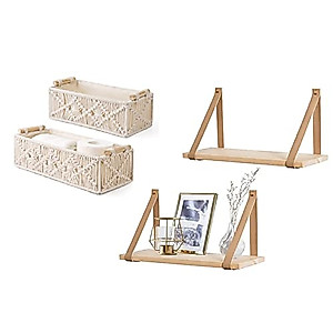 Mkono 4PCS Set - Hanging Shelf Wall Wood Floating Storage Shelves Leather Strap Swing Organizer Set of 2, and Macrame Storage Baskets for Baby Nursery Room Decor