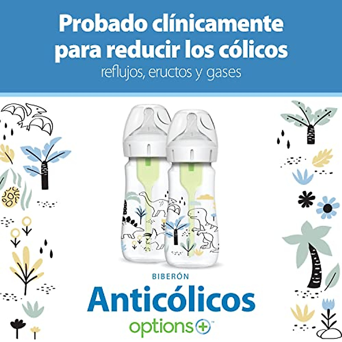 Dr. Brown's Natural Flow® Anti-Colic Options+™ Wide-Neck Baby Bottle Designer Edition Bottles, Dino Decos, 9oz/270mL, Level 1 Nipple, 2-Pack, 0m+