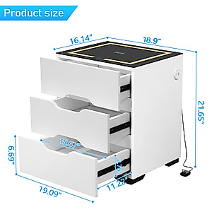 Jehiatek White Nightstand Set of 2, Night Stand Set 2 with Wireless Charging Station, High Gloss End Table with Adjustable LED Lights & USB Charging, Bedside Table Set of 2 with 3 Drawers (White)