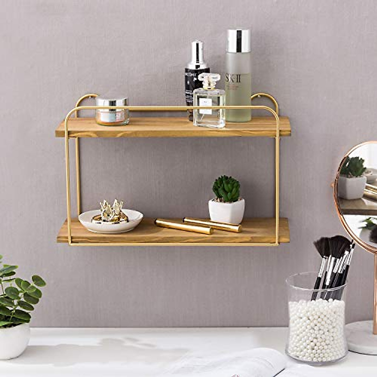 MyGift Modern 2-Tier Floating Wall Shelf, Natural Brown Wood Bathroom Shelves with Vintage Brass Metal Frame