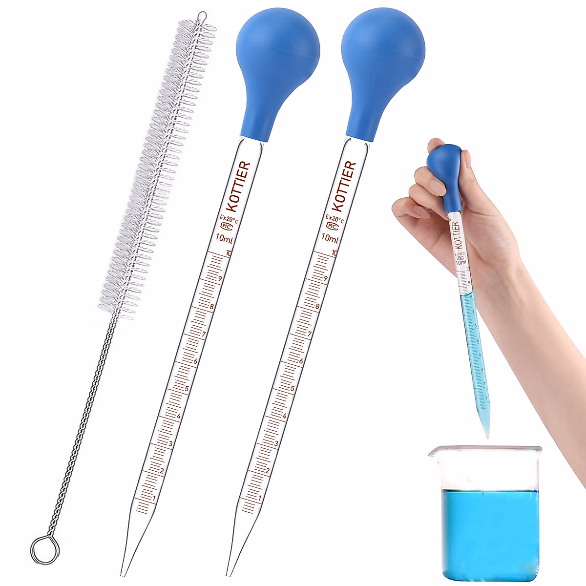 MRXBN 10ml Glass Pipettes Dropper, Lab Graduated Dropper for Liquid Essential Oil, Glass Transfer Pipette with Rubber Bulb and Cleaning Brush (2 pieces)