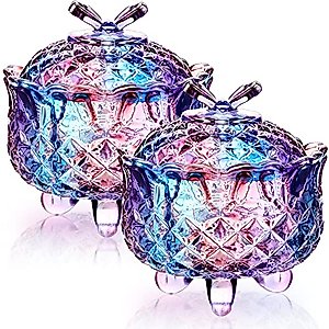Yaomiao 2 Pcs Purple Blue Crystal Candy Jar with Lid 10 oz Glass Candy Dish Vintage Embossed Glass Candy Jar for Cookie Wedding Buffet