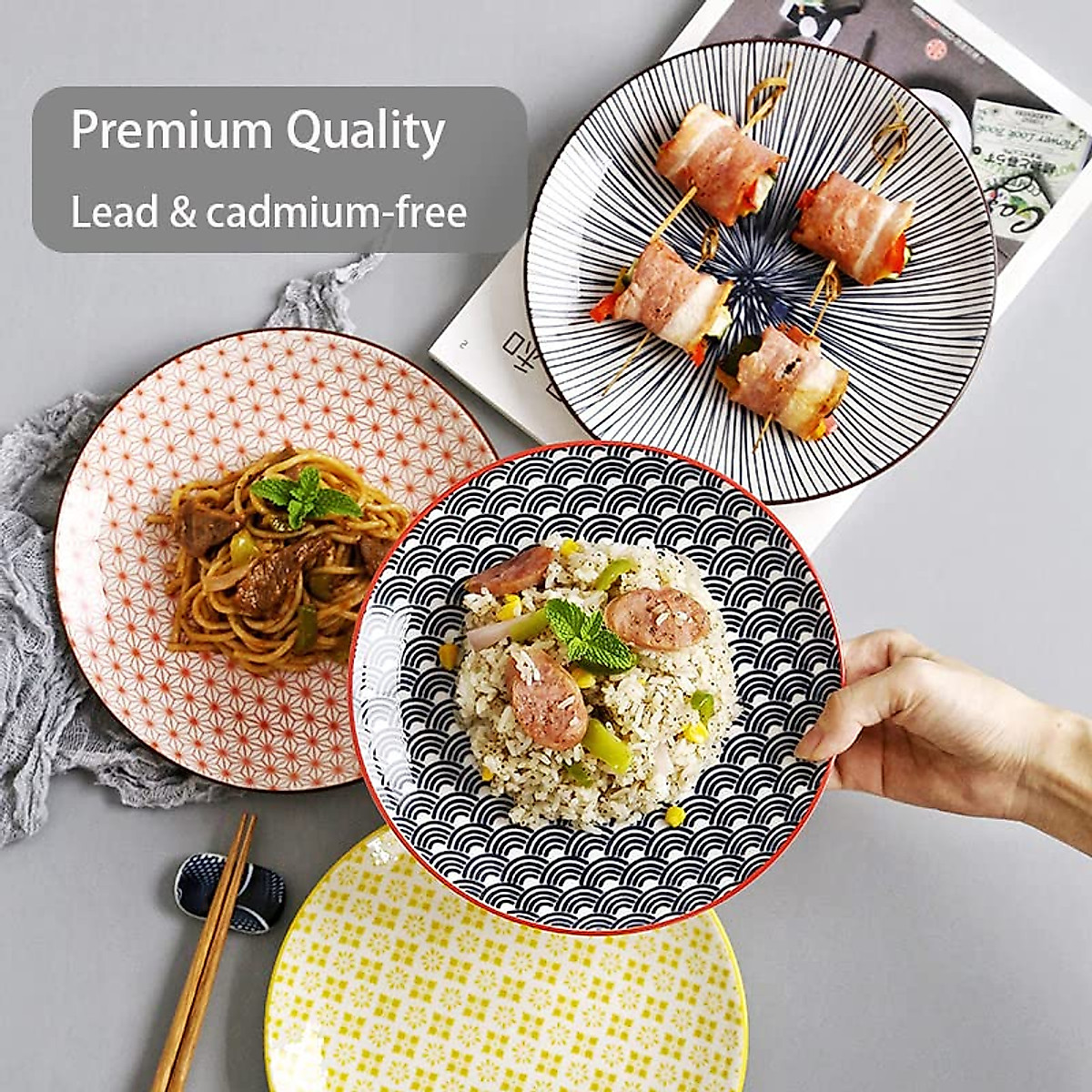 Domini Ceramic Pasta plates,8 inch Salad Bowls,Set of 4,Microwave and Oven Safe Plate with High Edge,Large Wide Bowls/Plates for Serving Dinner,Salad,Oatmeal,Mix-Match Pattern,Gift