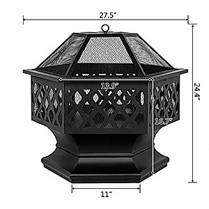 Douup 24-Inch Outdoor Fire Pit with Mesh Screen and Poker Hex Shaped Metal Wood Burning Bonfire Pit for Outdoor Camping Patio Backyard Garden - 8" Deep Bowl