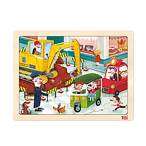 Toi 24 PCs Wooden Puzzles for Kids Toddlers Animal Jigsaw Puzzles with Wooden Bracket Age 3+ Educational Preschool Toys,Construction Car