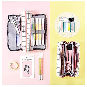 Wangyiqian Pencil Pen Case Multi Compartments Pen Bag Pouch Holder Large Capacity Square Grid Cosmetic Bags Organizer Girls Boys Adults Teen Double Window