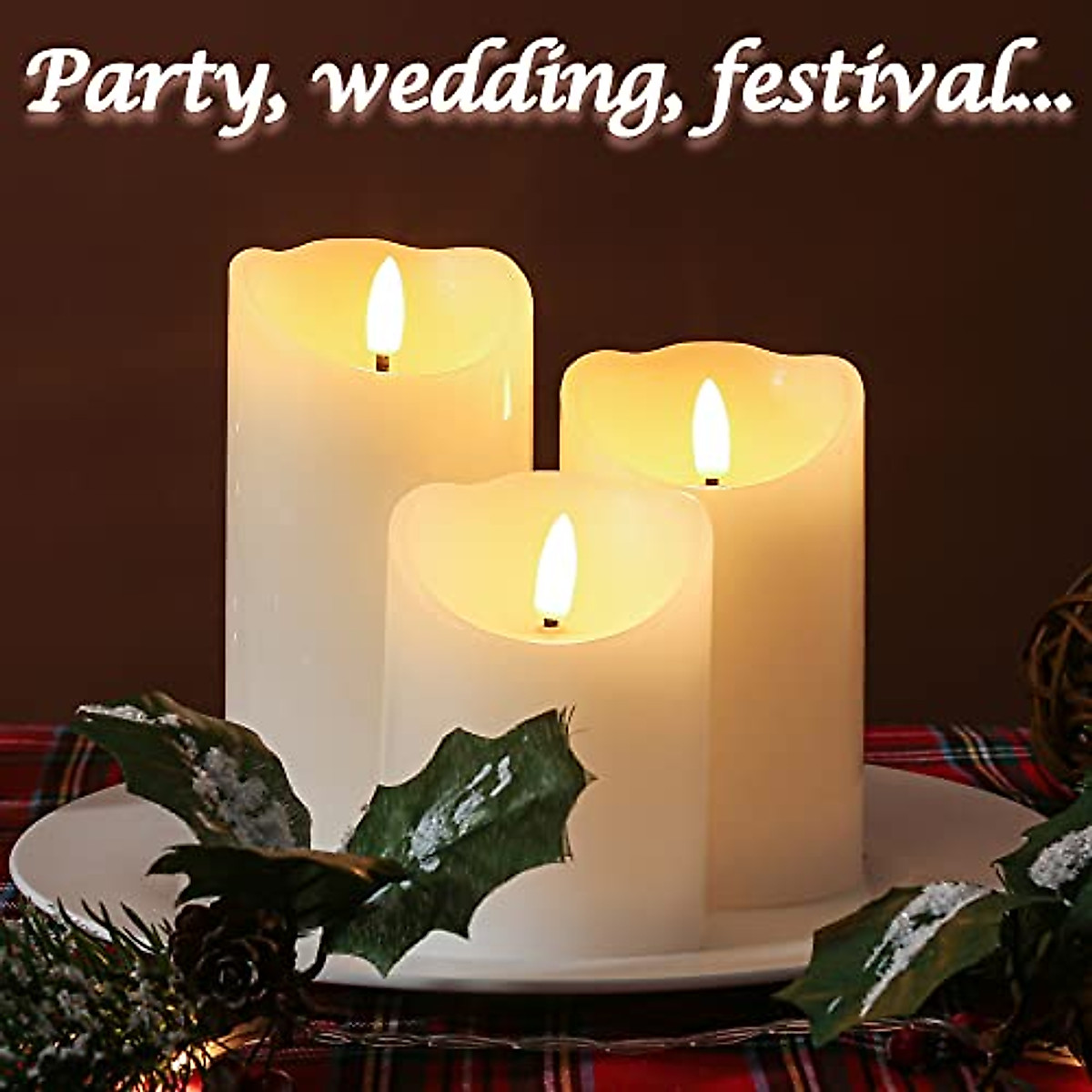 LUSHARBOR Flameless Candles, Battery Operated Real Wax LED Flickering Candles with 10Key Remote Control and Timers, Fake Electronic Candle for Christmas Party Room Home Decor, Set of 3(White)