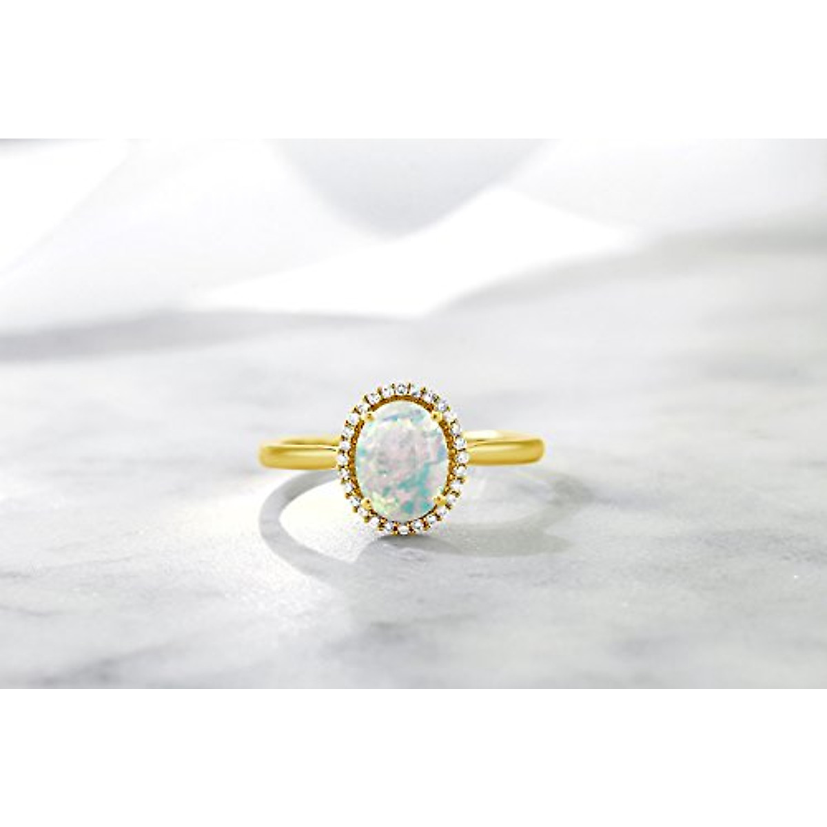 Gem Stone King 10K Yellow Gold 8X6MM Oval Gemstone Birthstone and White Diamond Halo Engagement Ring | Wedding Anniversary Promise Gold Ring For Women | Available In Size 5-10