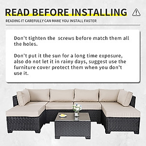 Lviden 7 Pieces Outdoor PE Wicker Furniture Set Patio Rattan Sectional Conversation Sofa Set with Khaki Cushions and Glass Top Table