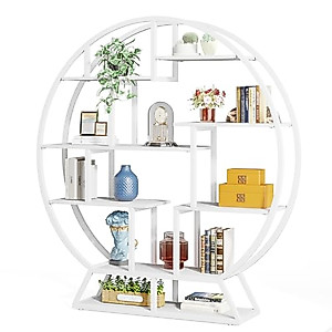 Tribesigns Bookshelf, Round Bookshelves Etagere Bookcase, 63 Inch Wood Book Shelf with Staggered Shelves, Rustic Open Shelving Organizer Rack Display Shelf for Home Office, Living Room, White