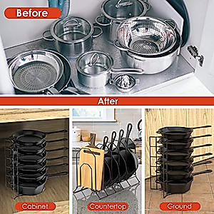 8 Tiers Pots and Pans Organizer with 3 DIY Methods and 6 Tier Heavy Duty Pan Organizer Bundle