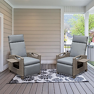 Domi Outdoor Reclining Chairs with Extended Footrest, Adjustable Patio Wicker Lounge Recliner up to 150° with Flip Side Table, Thickness Cushions for Indoor & Outdoor,Grey