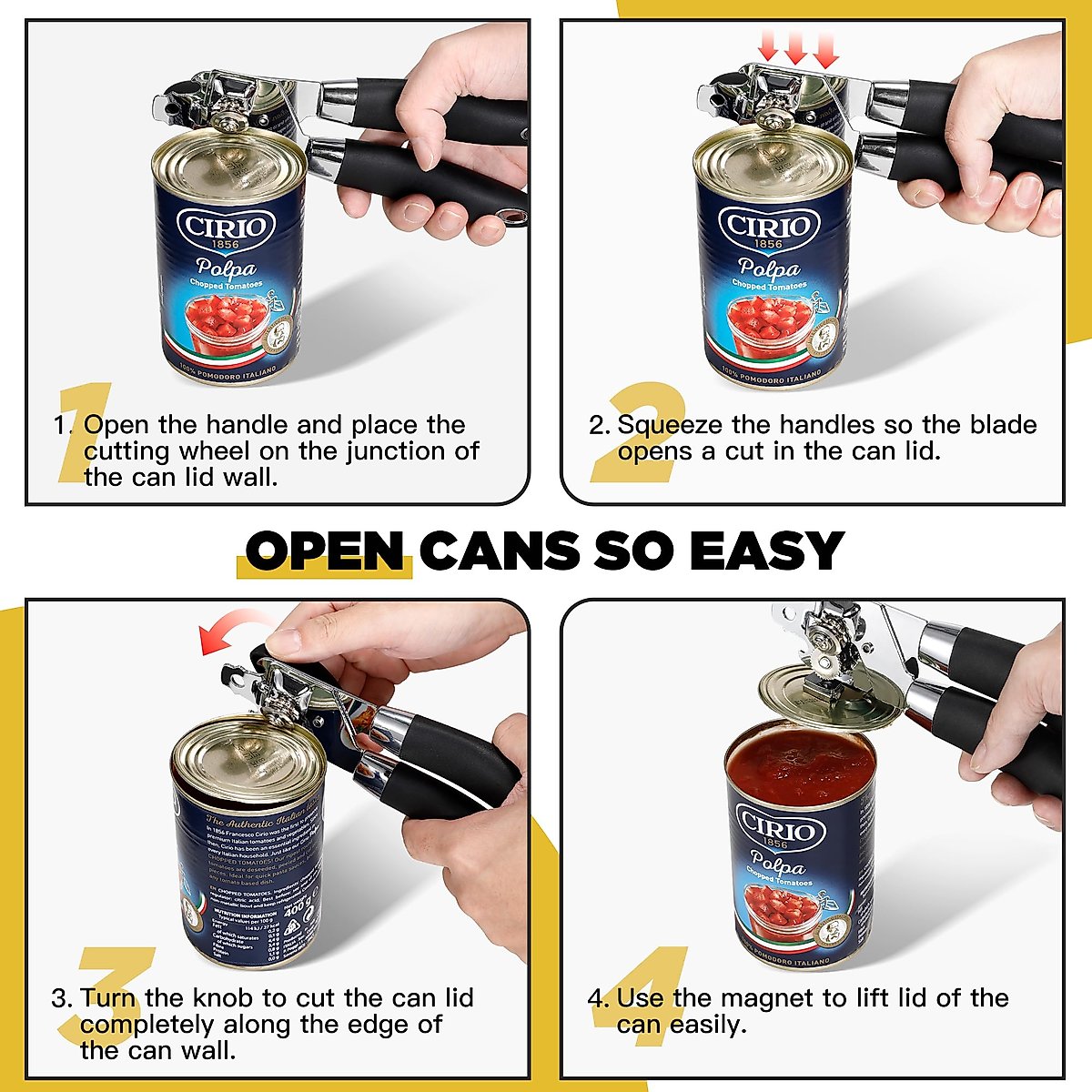 Can Opener with Dual-ended Bottle Opener, IPOW Manual Can Opener with Magnent | Smooth Edge | Heavy Duty | Easy Turn Knob | Smooth & Easy Cutting Safty Can Opener