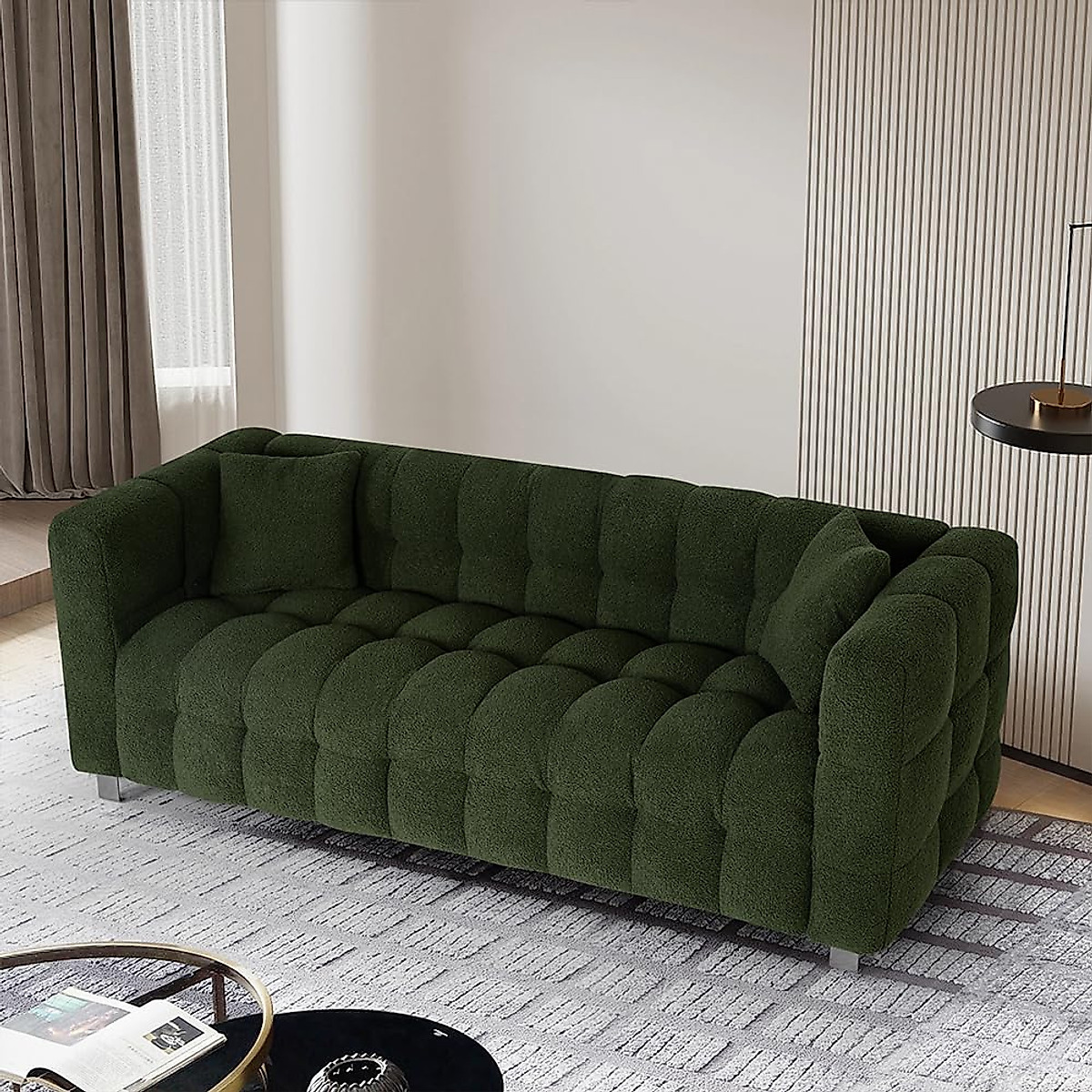 BSYEIO Modern Sofa Couch with Metal Legs Upholstered Tufted 3 Seater Couch with 2 Pillows Comfy Boucle Couch for Living Room, Bedroom, Office, 80 Inch Wide (Green-Teddy)